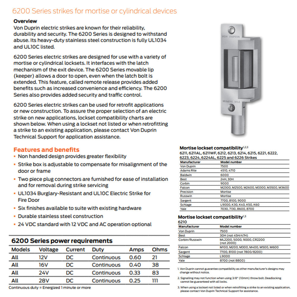 Von Duprin 6211 Electric Strike for Mortise or Cylindrical Locks – US ...