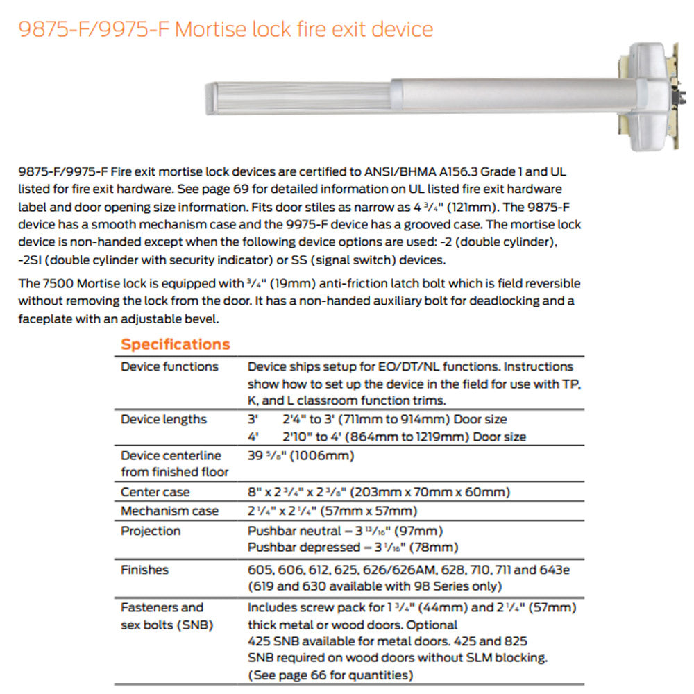 Von Duprin 9875LF/9975LF - Lever Mortise Lock Device - Fire Rated – US ...
