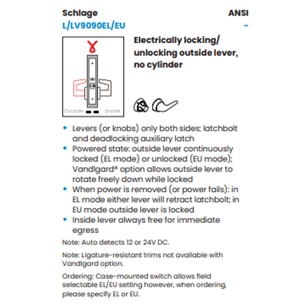 Schlage L9090EU - Electrified Mortise Lock - Grade 1, Fail Secure ...