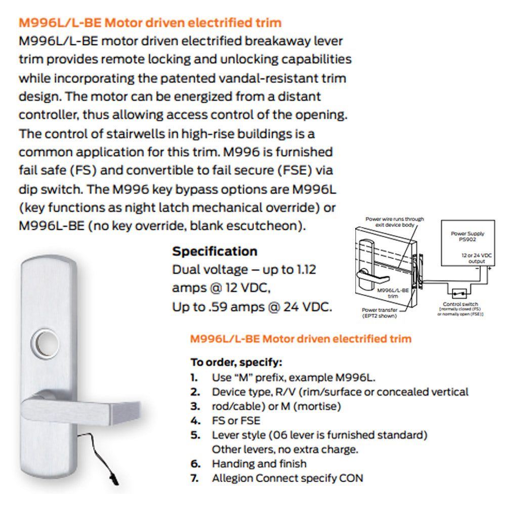 Von Duprin M996L-M - Motorized Lever Trim for Mortise Lock 98/99 Series ...