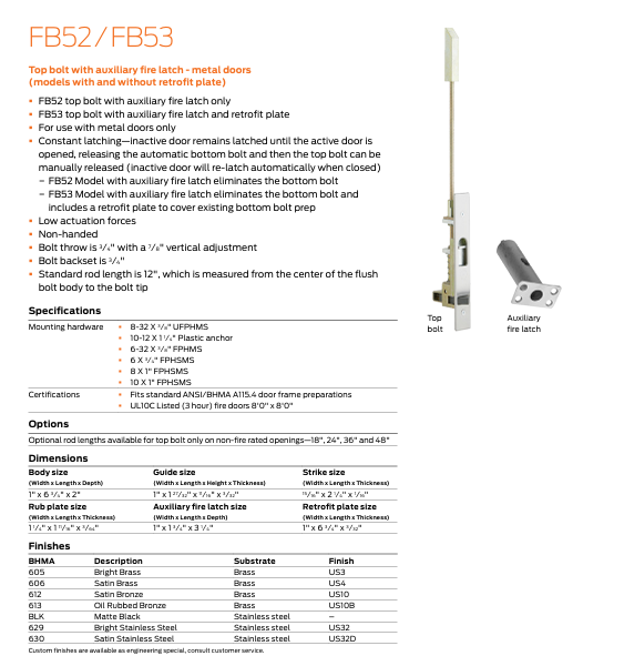 Ives - FB52 Flush Bolt Constant Latching Top with Auxiliary Fire Latch ...