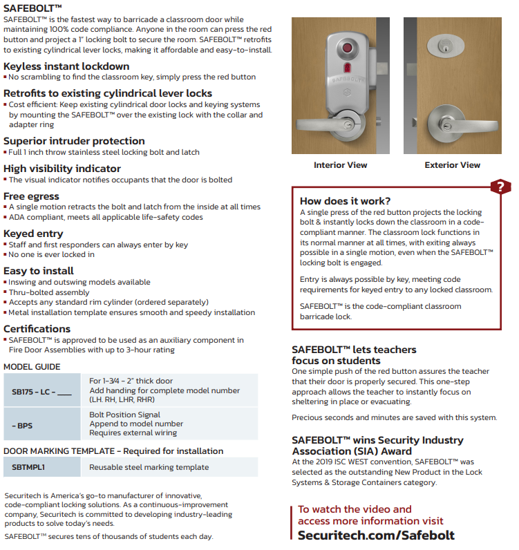 Securitech Safebolt Classroom Lockdown Lock – US Lock Supply